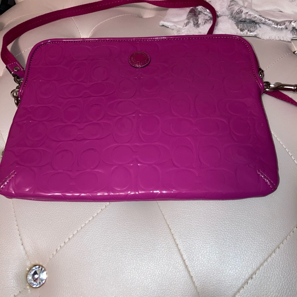 Coach Signature Patent Leather Fuchsia Embossed High-… - Gem